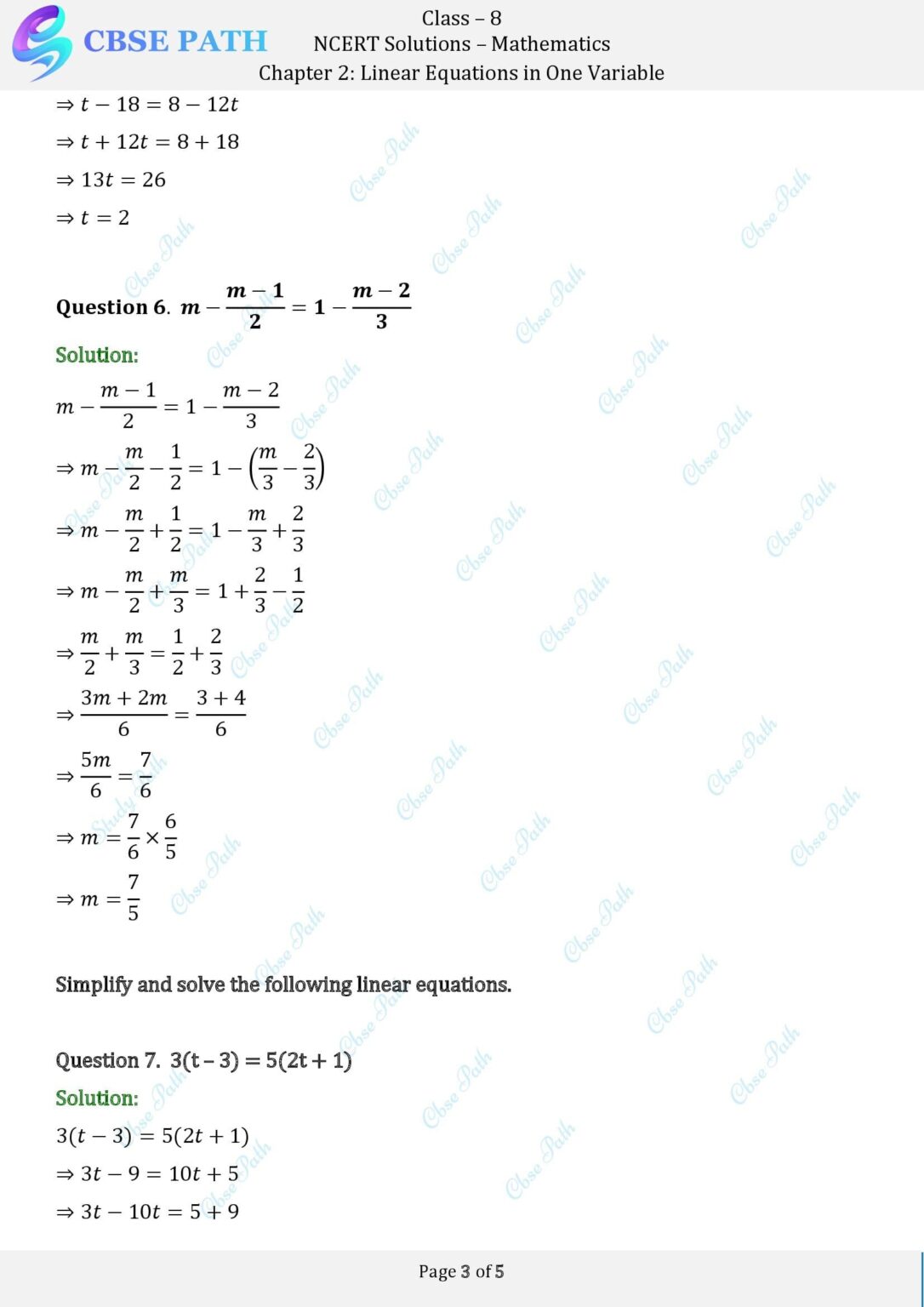 NCERT Solutions for Class 8 Maths Exercise 2.2 Linear Equations in One ...