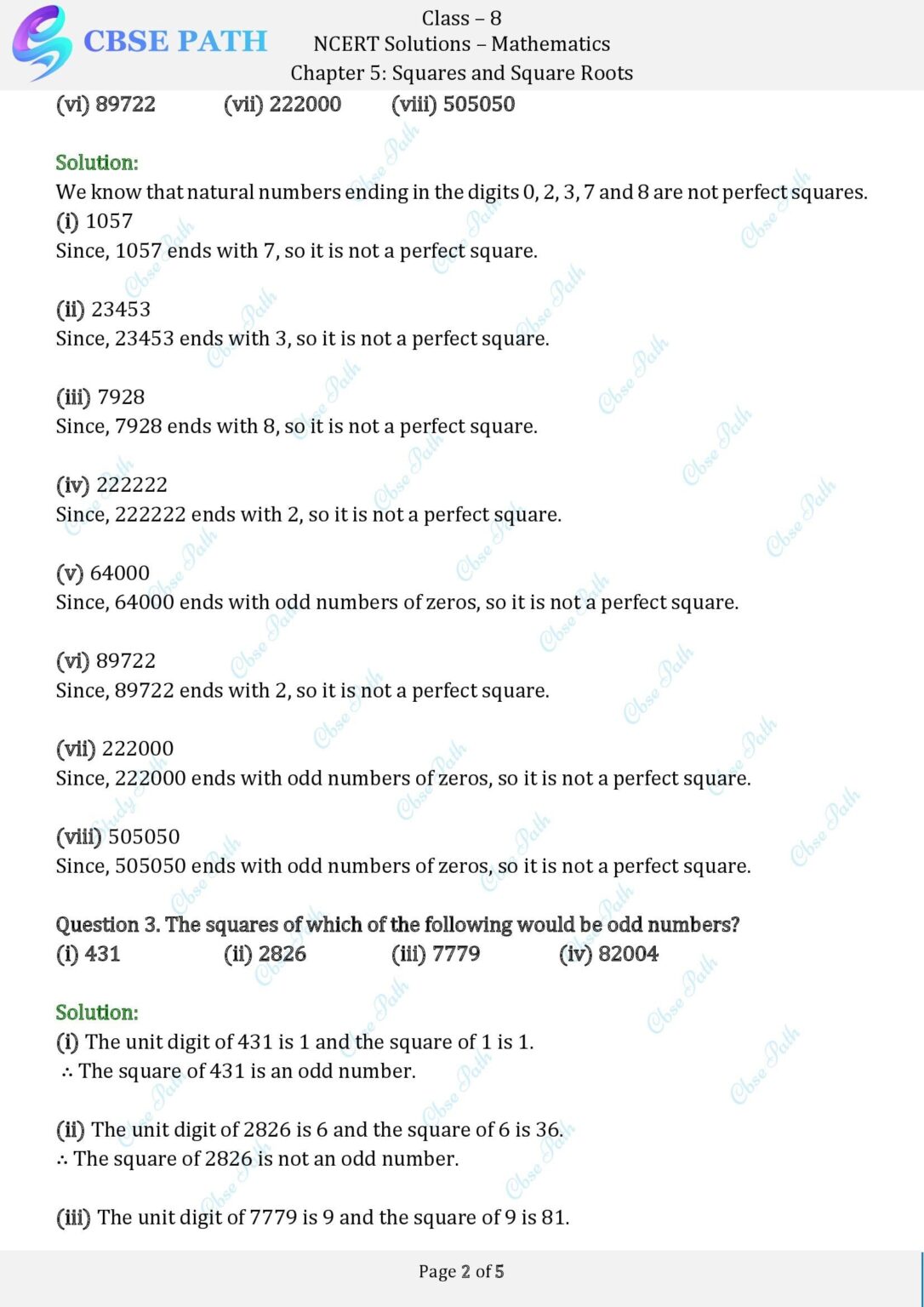 NCERT Solutions for Class 8 Maths Exercise 5.1 Squares and Square Roots ...