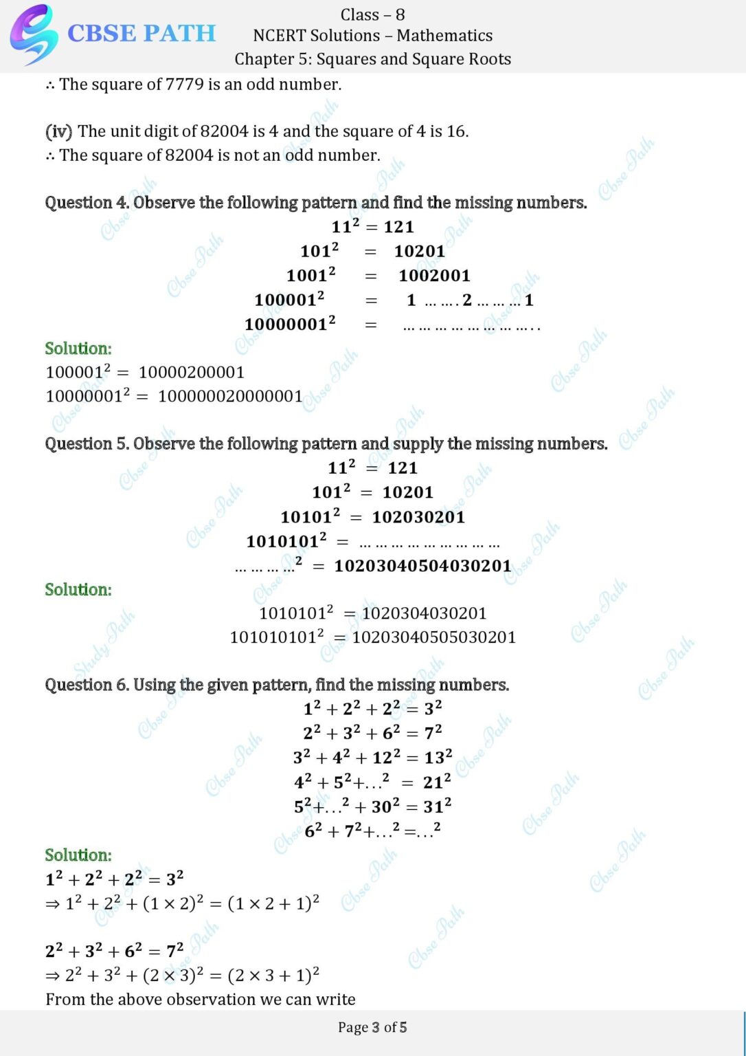 NCERT Solutions for Class 8 Maths Exercise 5.1 Squares and Square Roots - CBSE Path
