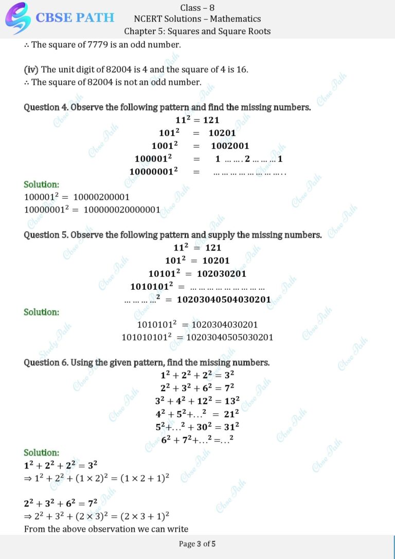 NCERT Solutions for Class 8 Maths Exercise 5.1 Squares and Square Roots - CBSE Path