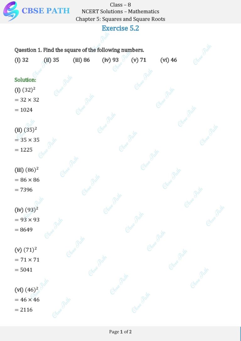 NCERT Solutions for Class 8 Maths Exercise 5.2 Squares and Square Roots ...