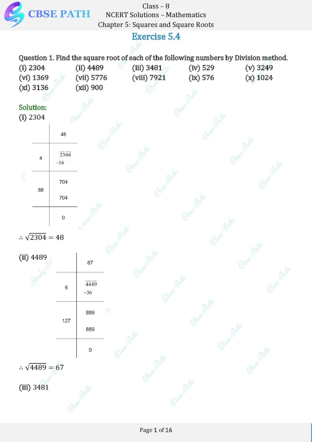 NCERT Solutions for Class 8 Maths Exercise 5.4 Squares and Square Roots ...