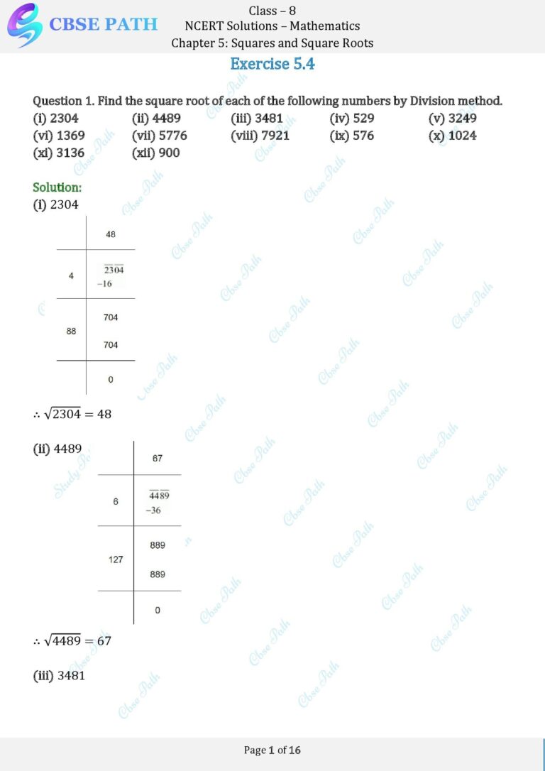 NCERT Solutions for Class 8 Maths Exercise 5.4 Squares and Square Roots - CBSE Path