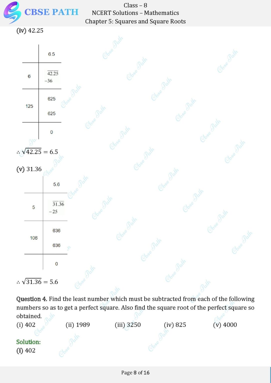 NCERT Solutions for Class 8 Maths Exercise 5.4 Squares and Square Roots ...