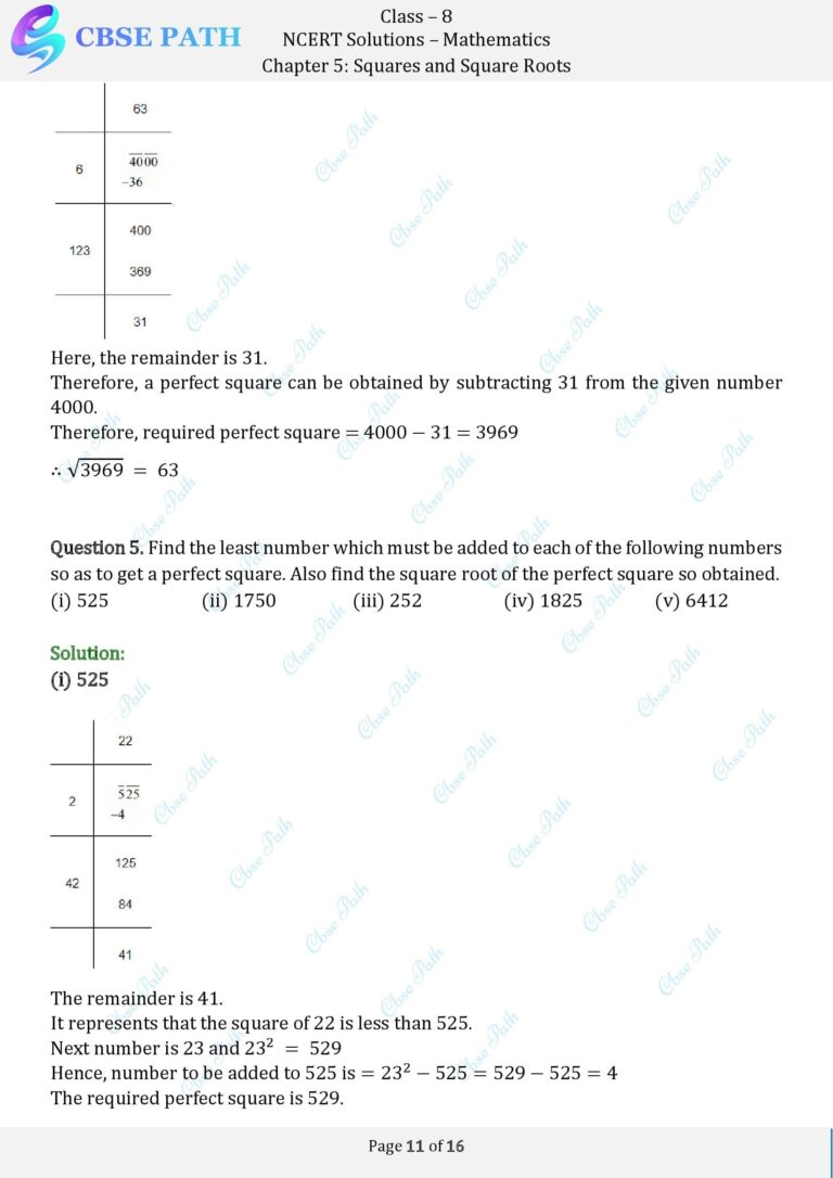 NCERT Solutions for Class 8 Maths Exercise 5.4 Squares and Square Roots - CBSE Path