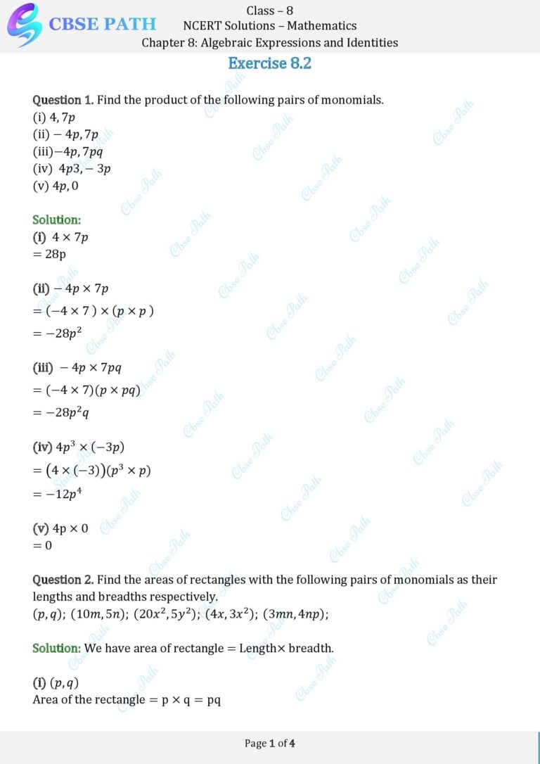 Ncert Solutions For Class 8 Maths Exercise 8 2 Algebraic Expressions And Identities Cbse Path
