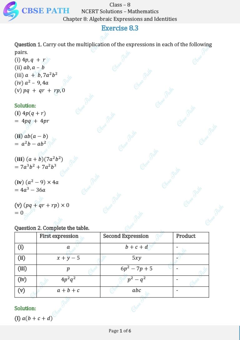 NCERT Solutions for Class 8 Maths Exercise 8.3 Algebraic Expressions ...