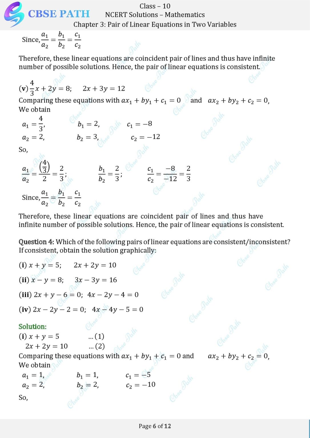 NCERT Solutions for Class 10 Maths Exercise 3.1 Pair of Linear ...
