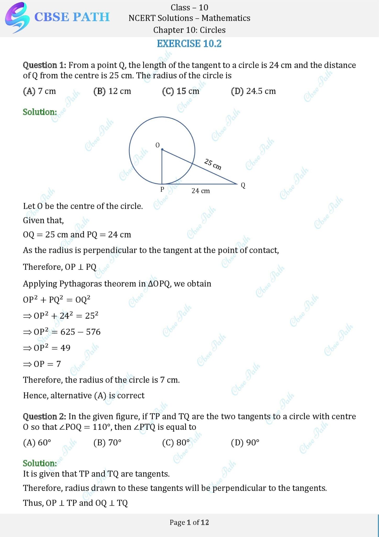 NCERT Solutions for Class 10 Maths Exercise 10.2 Circles (2024-25) - CBSE Path