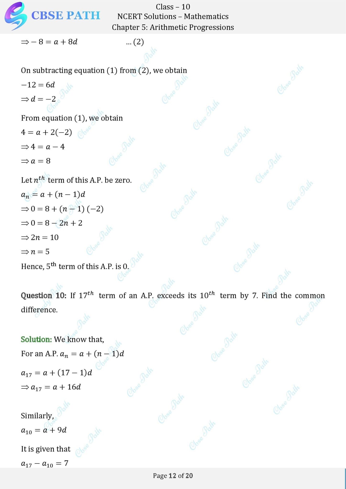NCERT Solutions for Class 10 Maths Exercise 5.2 Arithmetic Progressions ...