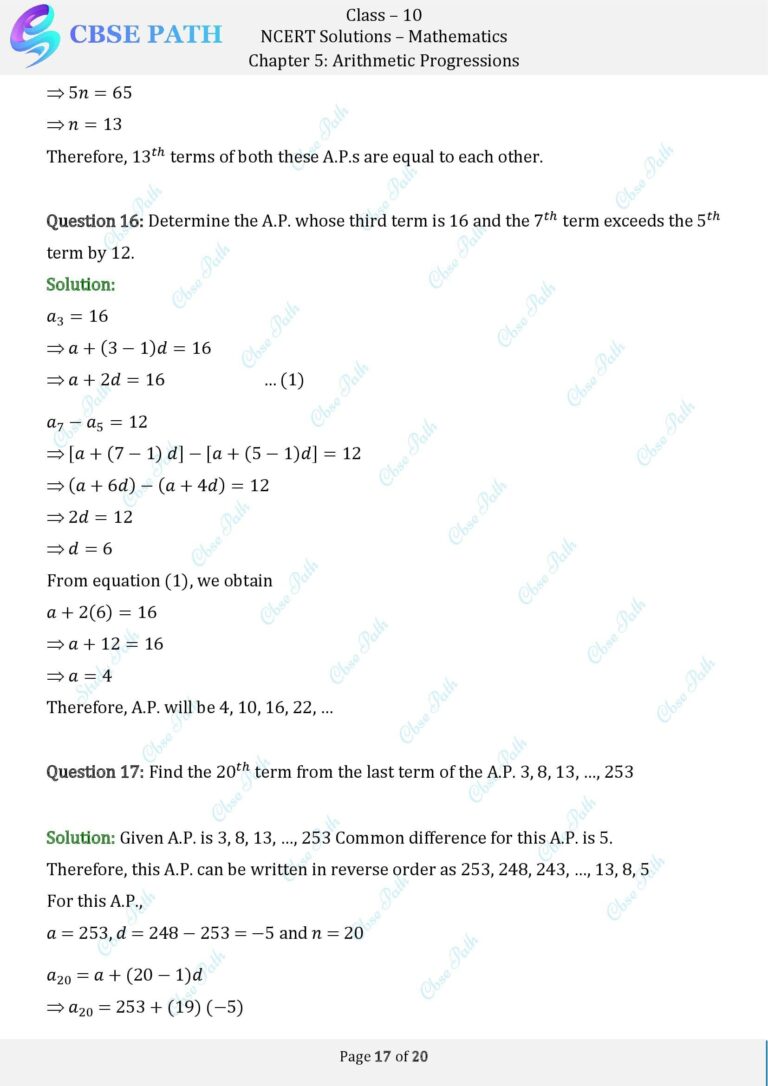NCERT Solutions for Class 10 Maths Exercise 5.2 Arithmetic Progressions ...