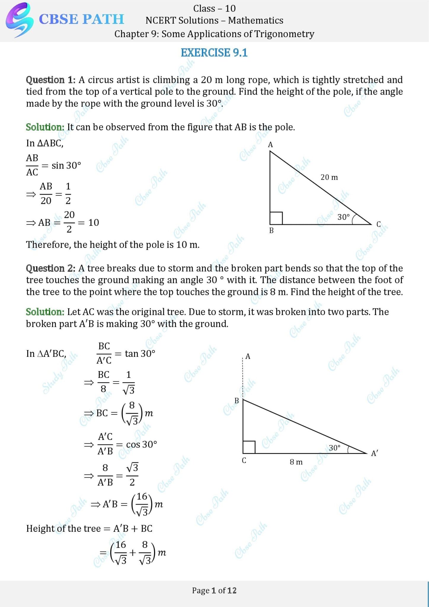 NCERT Solutions for Class 10 Maths Chapter 9 Some Applications of ...