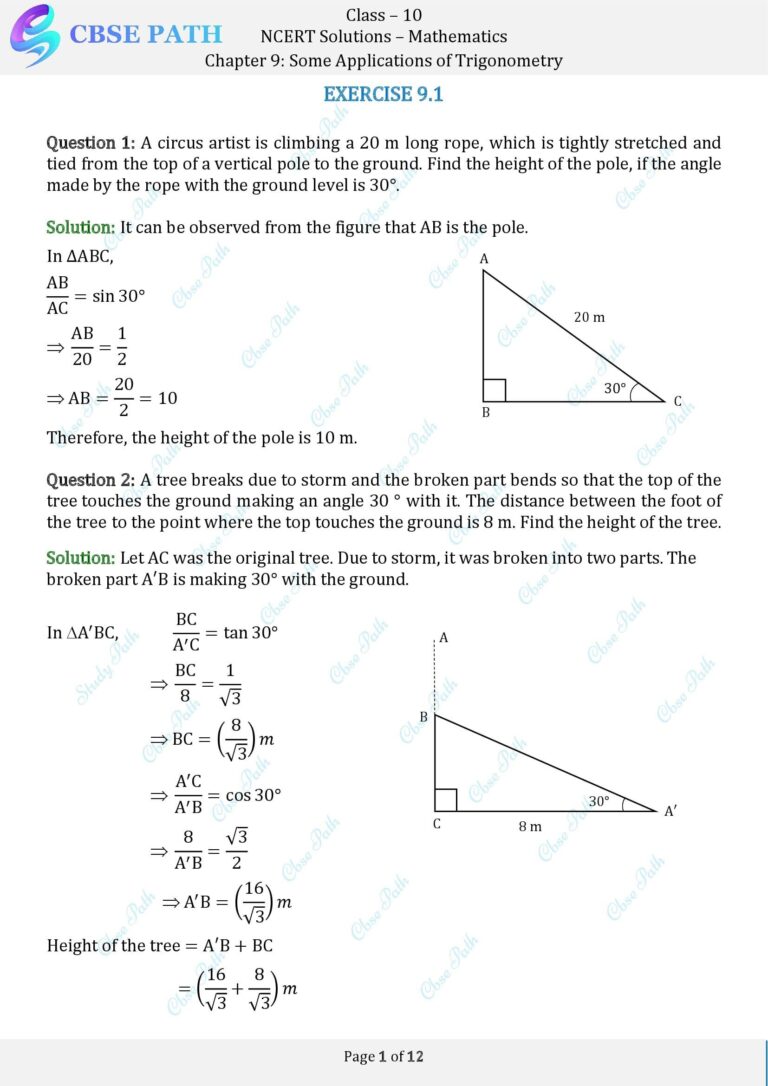 NCERT Solutions for Class 10 Maths Chapter 9 Some Applications of Trigonometry - CBSE Path