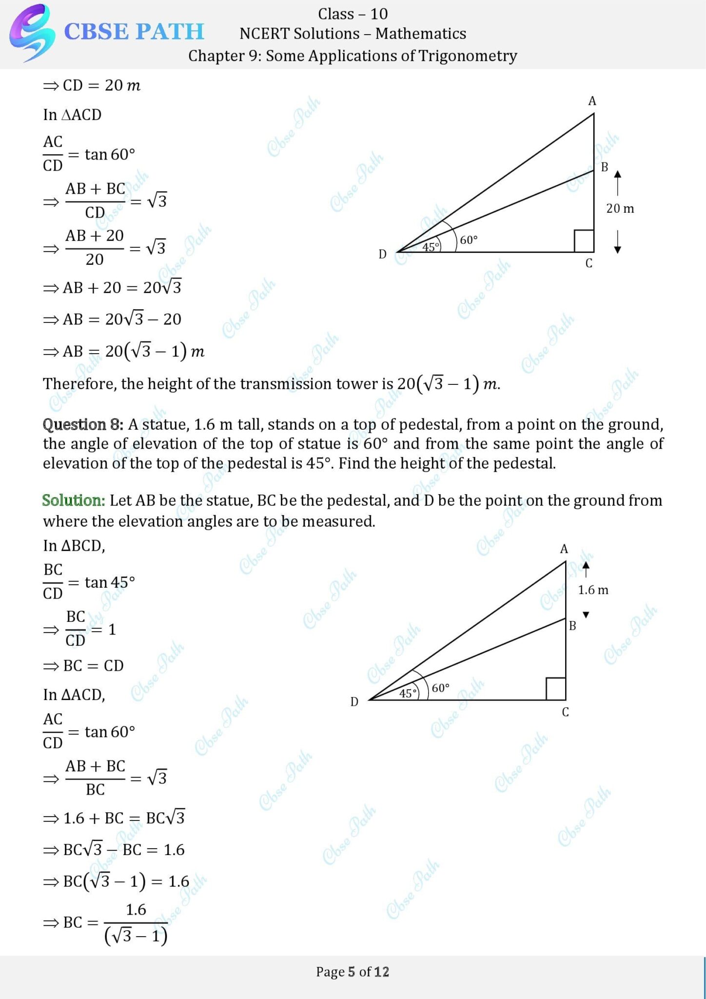 NCERT Solutions for Class 10 Maths Chapter 9 Some Applications of ...