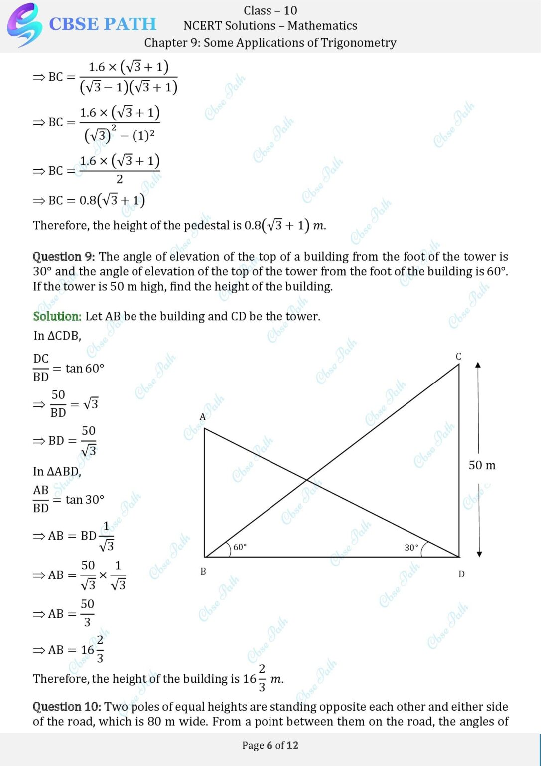 NCERT Solutions for Class 10 Maths Chapter 9 Some Applications of ...
