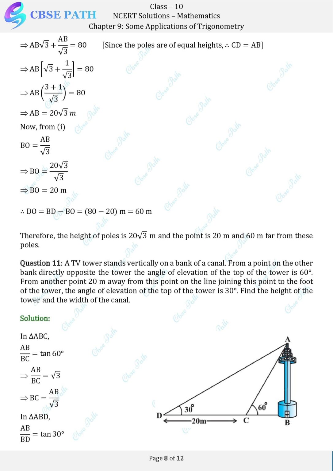 NCERT Solutions for Class 10 Maths Chapter 9 Some Applications of ...