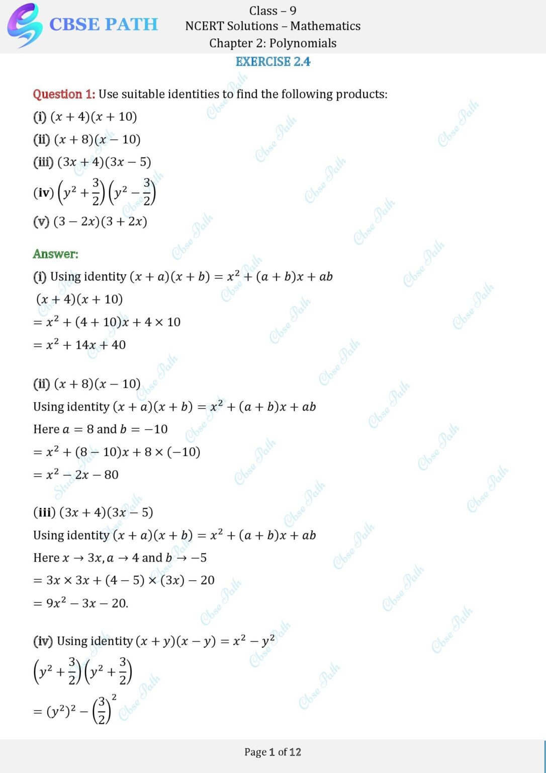 NCERT Solutions for Class 9 Maths Exercise 2.4 Polynomials (2024-25 ...
